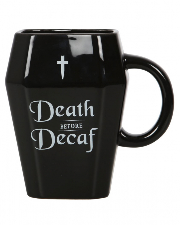 "Death Before Decaf" Coffee Mug In Coffin Shape 12,5cm ★ | Horror-Shop.com