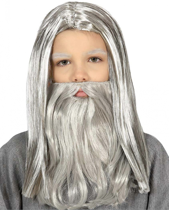 Grey Wig With Beard For Children | Halloween wig | Horror-Shop.com
