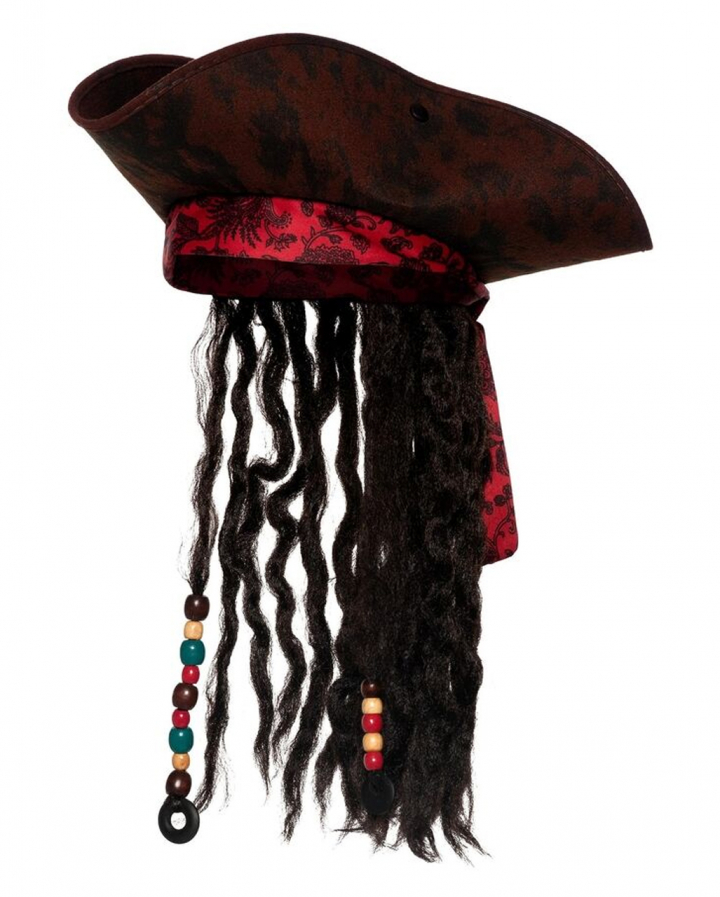 Pirate Tricorn Hat With Hair & Beads for carnival | Horror-Shop.com