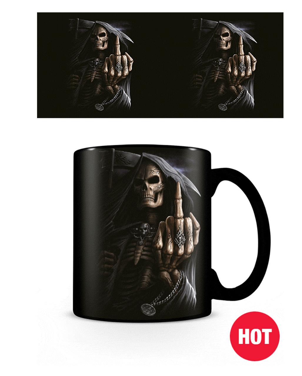 Grim Reaper With Middle Finger Mug With Thermo Effect ★ | horror-shop.com