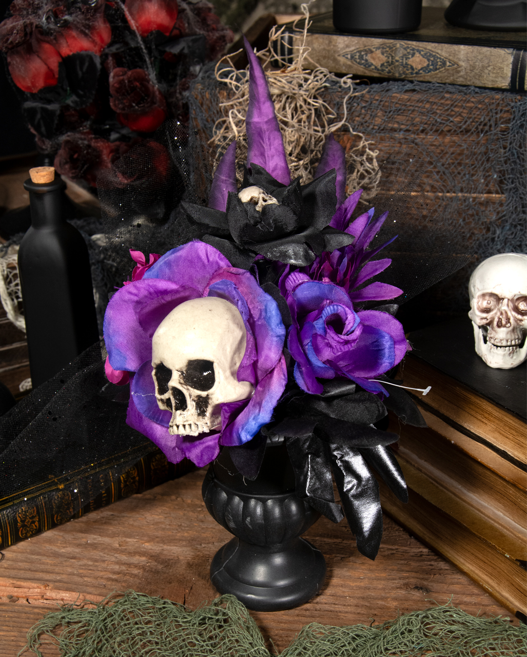 Gothic Flower Arrangement With Purple-black Roses & Skull 30cm ...