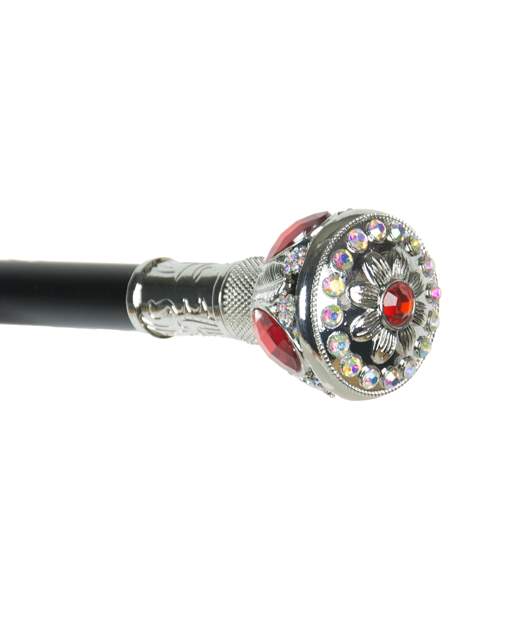 Walking Stick With Shiny Silver Knob & Red Stone 95cm | Horror-Shop.com